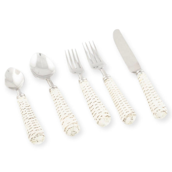 Wicker 5-Piece Flatware - White - A WANDERLUST HOME